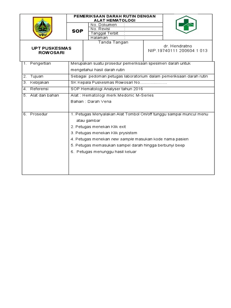 Sop Pemeriksaan Darah Rutin Dengan Alat Hematologi Merk Medonic ...