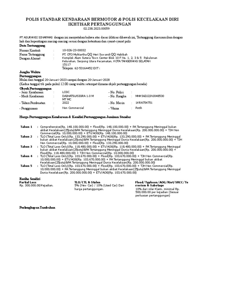Polis Standar Kendaraan Bermotor & Polis Kecelakaan Diri Ikhtisar Pertanggungan | PDF
