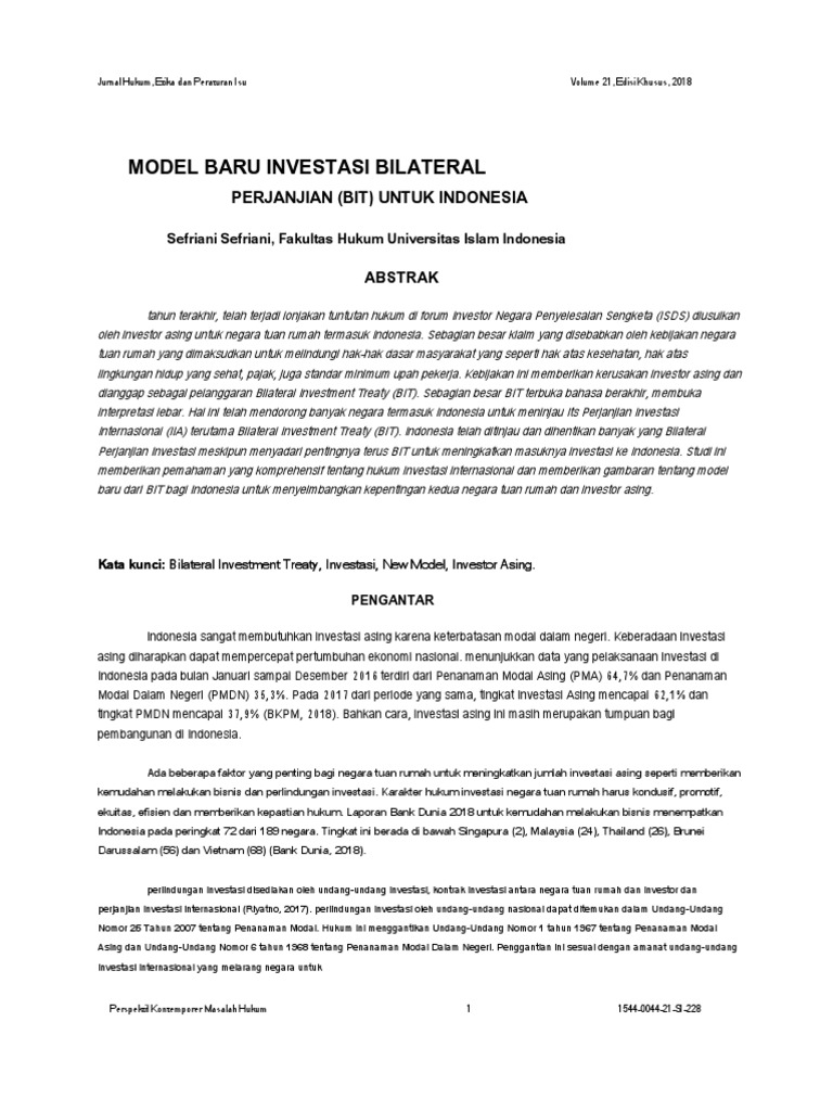 The New Model of Bilateral Investment Treaty Bit For Indonesia | PDF