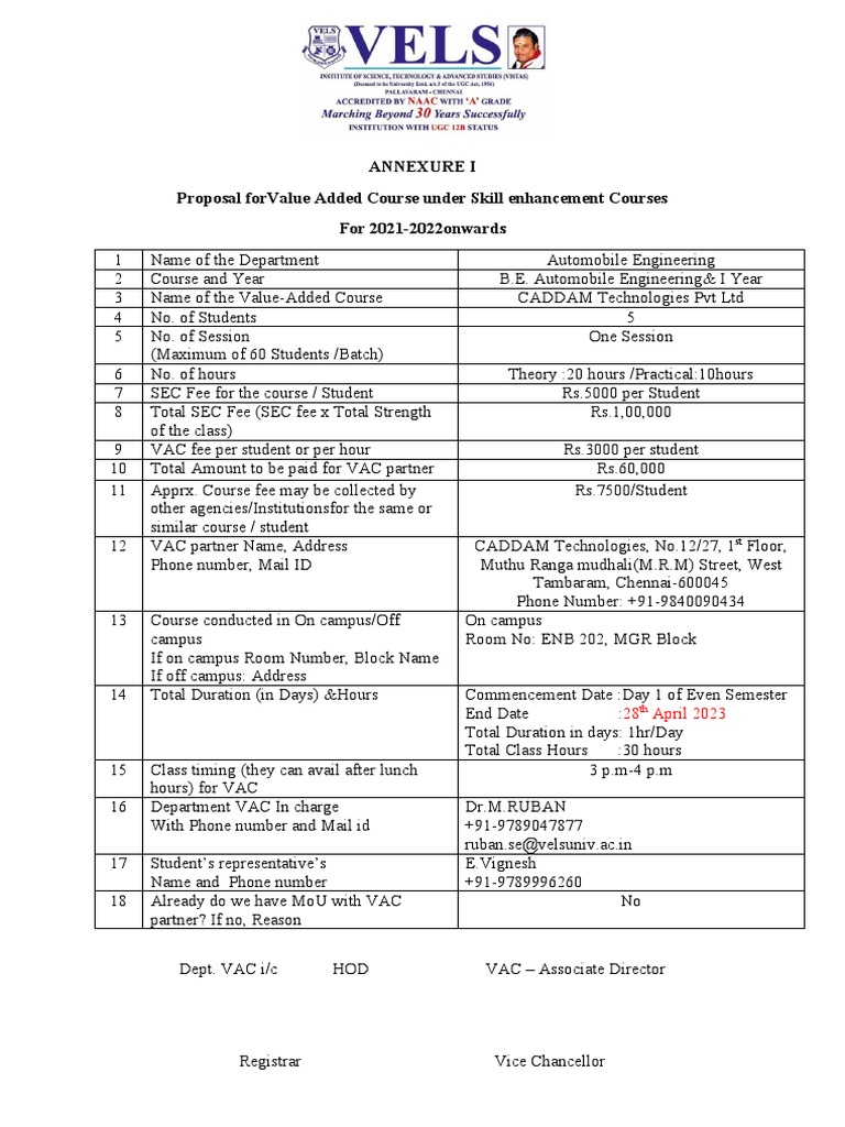 ANNEXURE I Proposal For Value Added Course Under Skill Enhancement ...