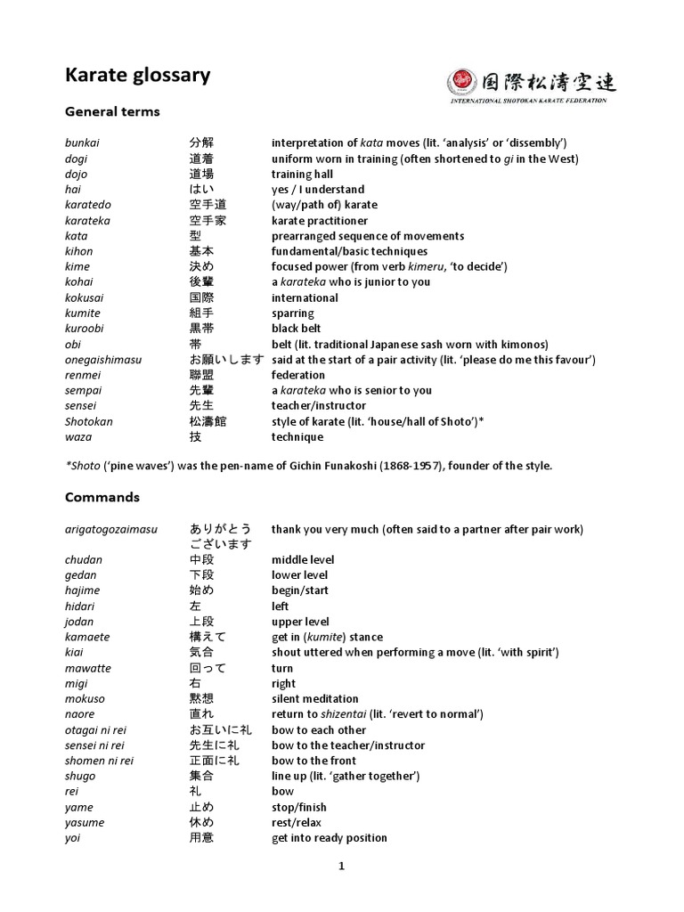 Karate Terminology and Glossary | PDF