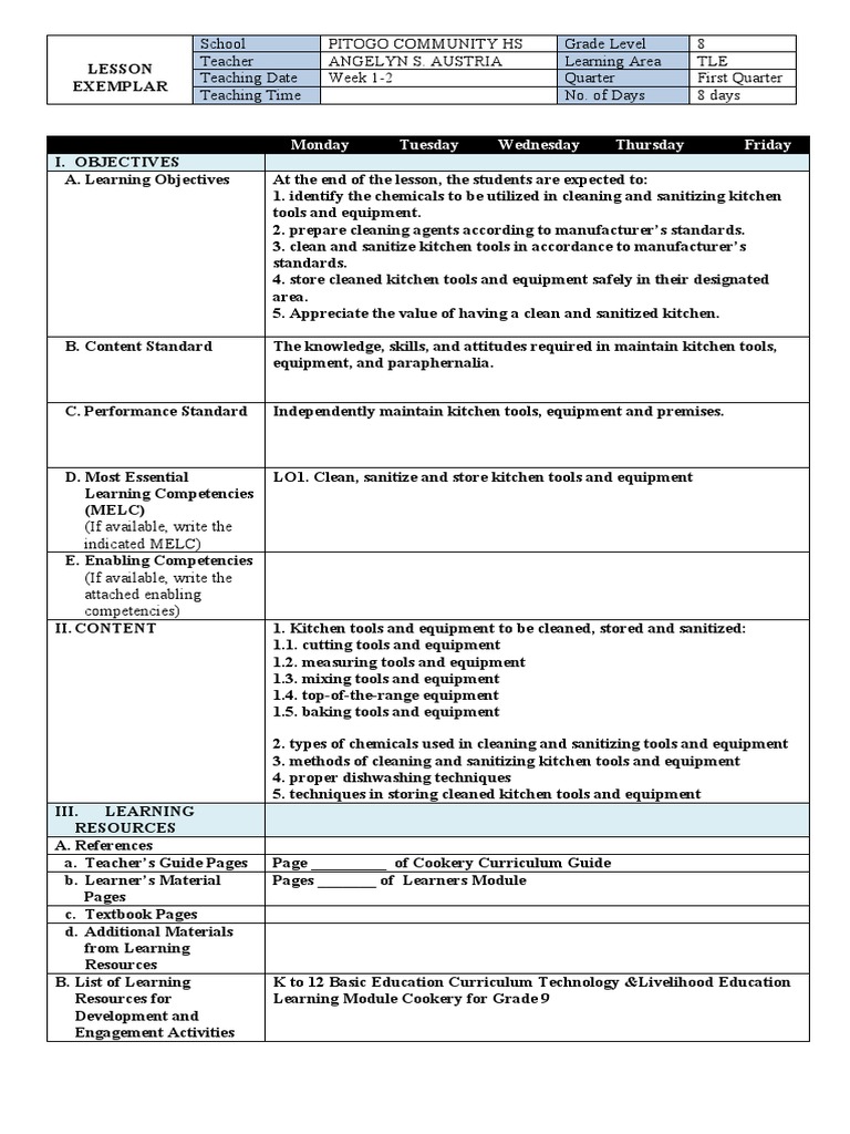 Cookery 9 Lesson Plan: Cleaning Tools | PDF | Kitchen | Cookware And ...