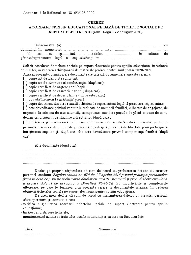 Model Cerere Acordare Tichete Sociale Copii 21 08 2020 | PDF