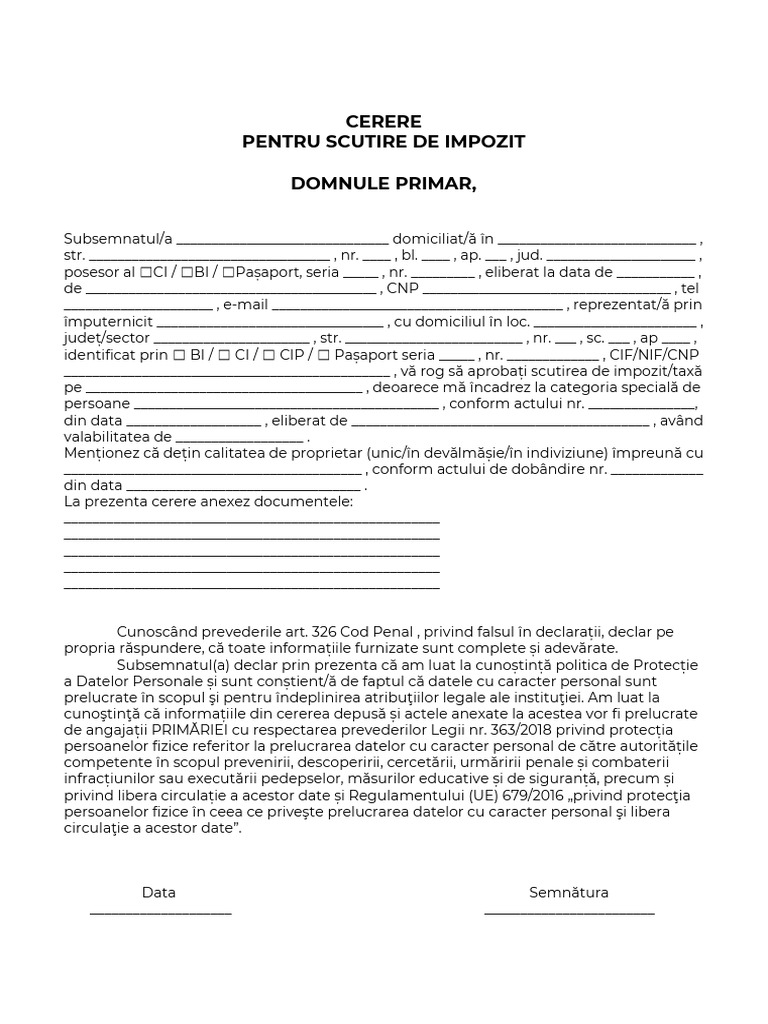 Cerere Pentru Scutire Impozit Form | PDF