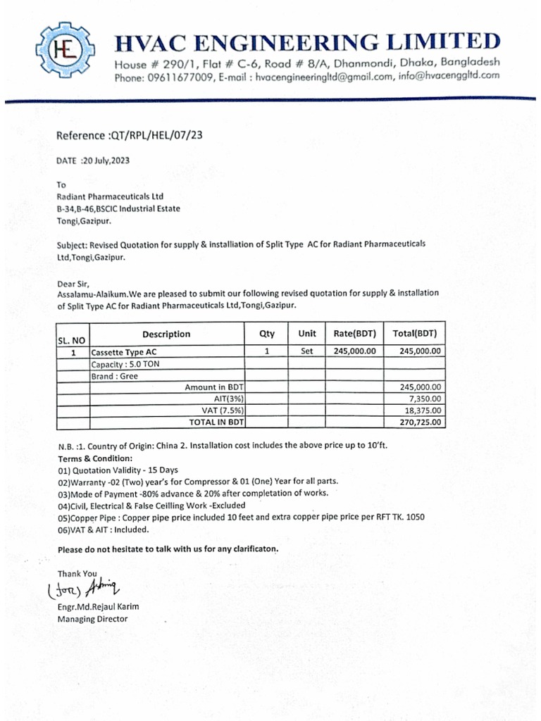 Revised Quotation For Split Type AC For Radiant Pharma | PDF Revised Quotation For Split Type AC For Radiant Pharma | PDF