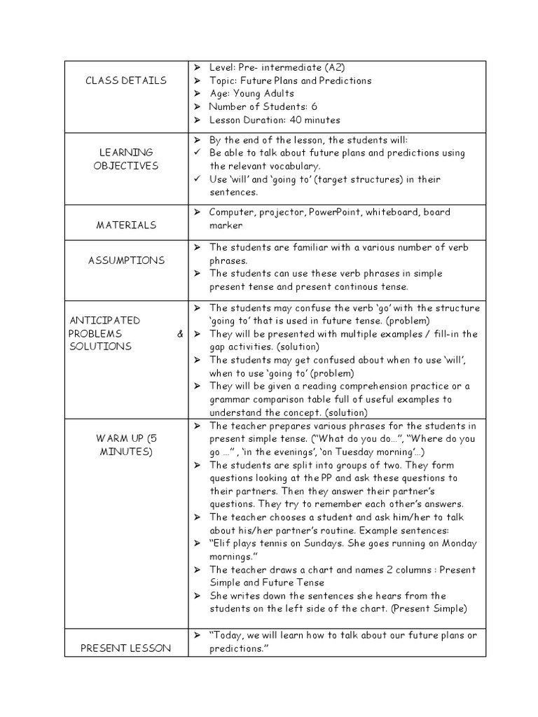 Going To Will Lesson Plan | PDF | Question | Phrase