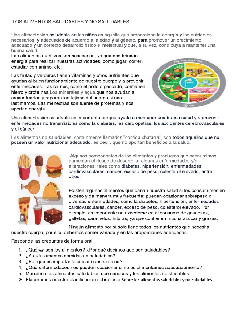 Alimentos Saludables y No Saludables para Niños | PDF | Alimentos ...
