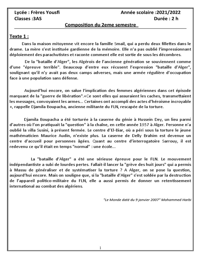 Examen 3as 2021 | PDF | Alger | Algérie