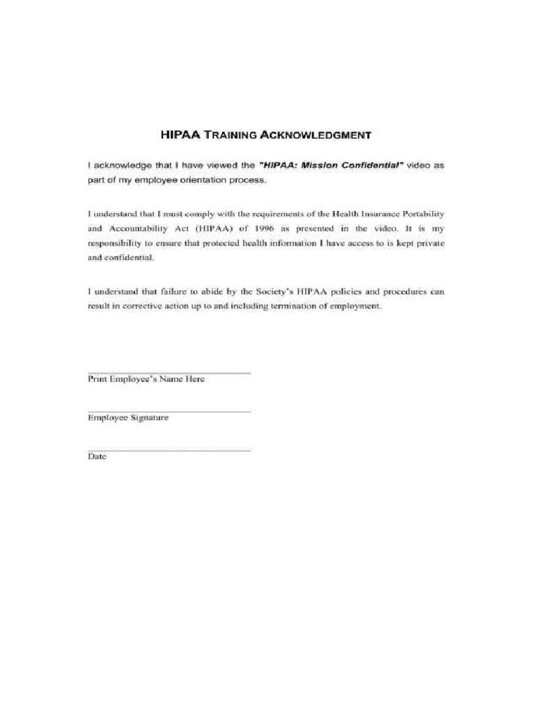 HIPAA Employee Acknowledgment Form Sample Template | PDF