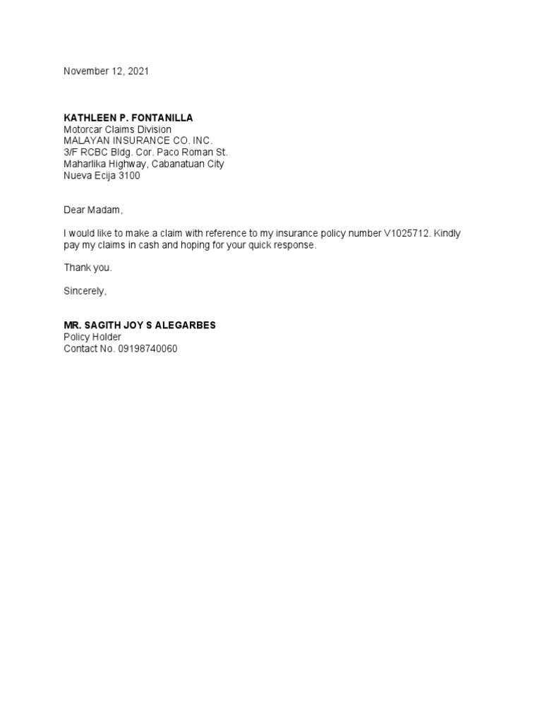 Insurance Claim Letter of Intent | PDF