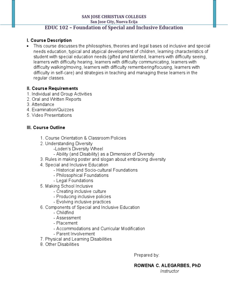 EDUC 102 - Foundation of Special and Inclusive Education Syllabus | PDF