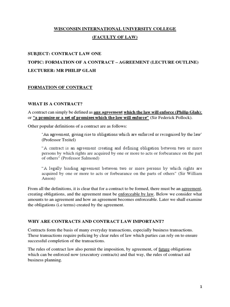 Contract Law 1 Introduction To Formation Of Contract Lecture Outline