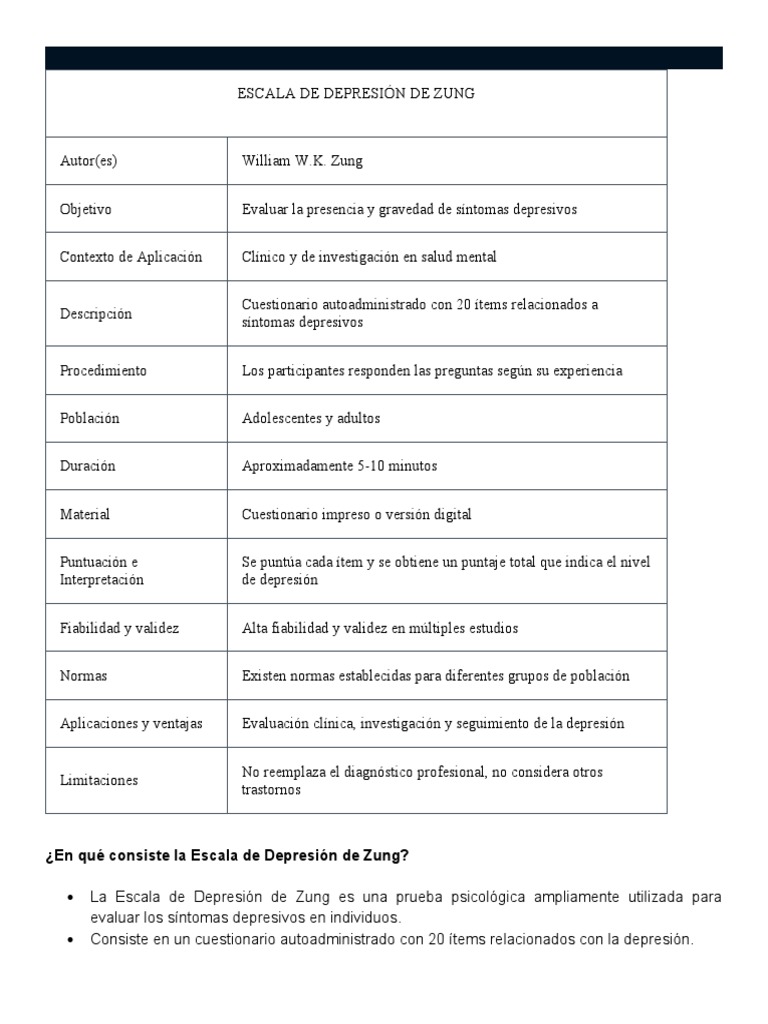 Escala de Depresión de Zung: Evaluación y Uso | PDF | Trastorno ...
