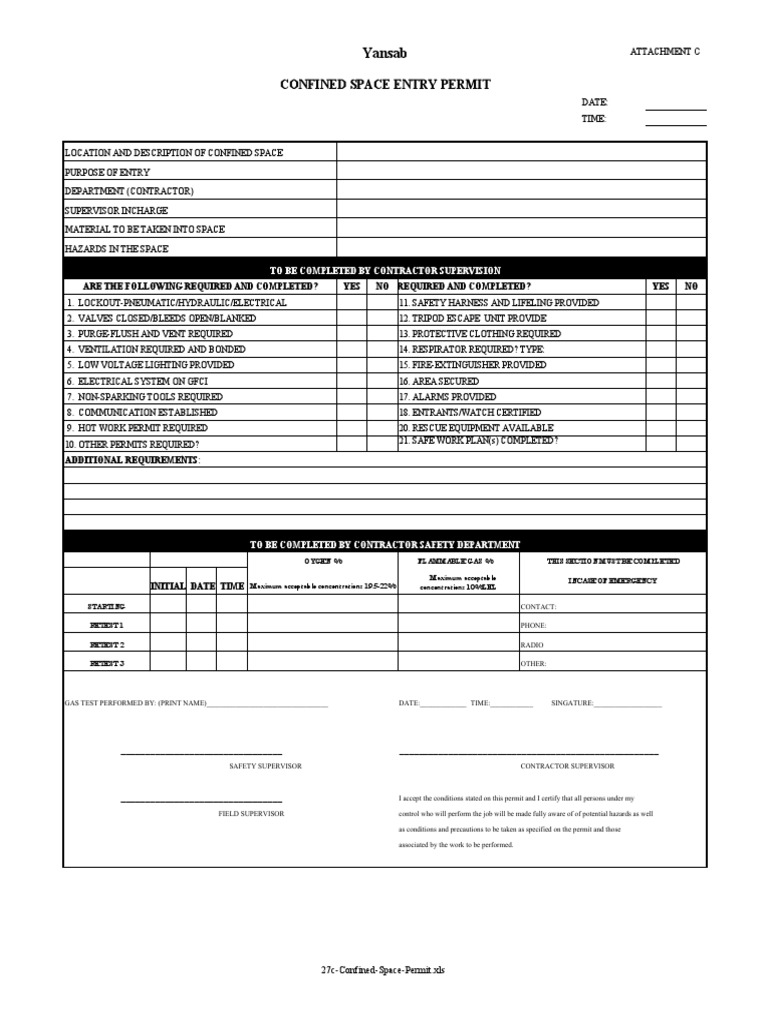 27c Confined Space Permit | PDF | Safety | Occupational Safety And Health