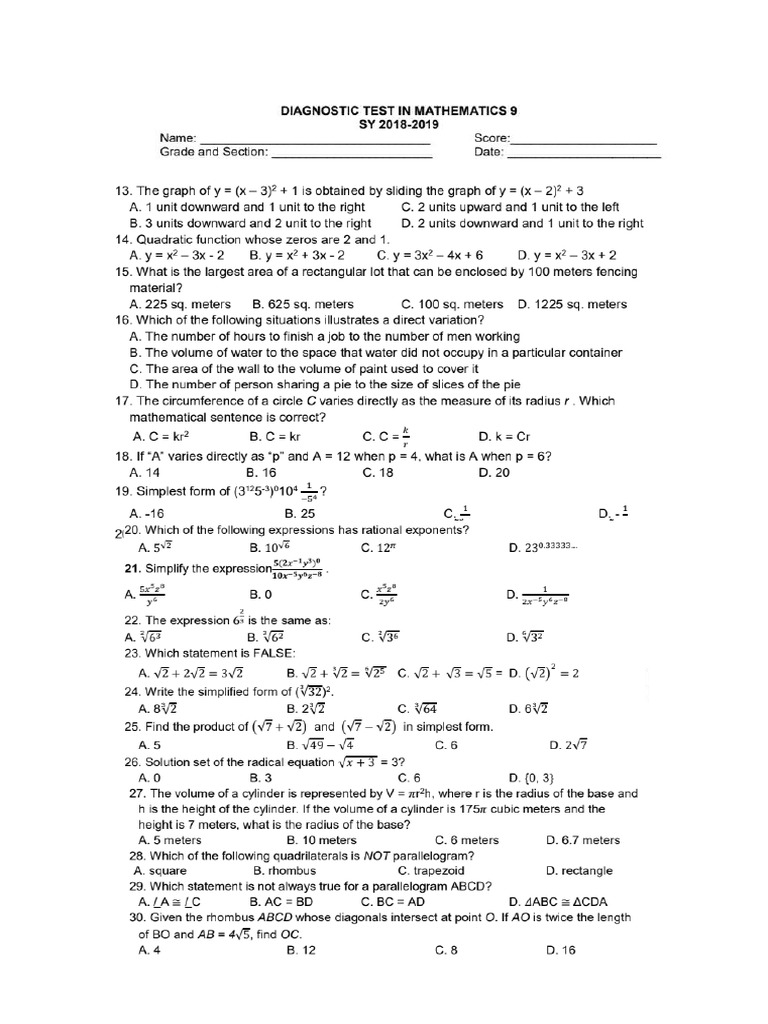 Diagnostic Test Grade 9 | PDF