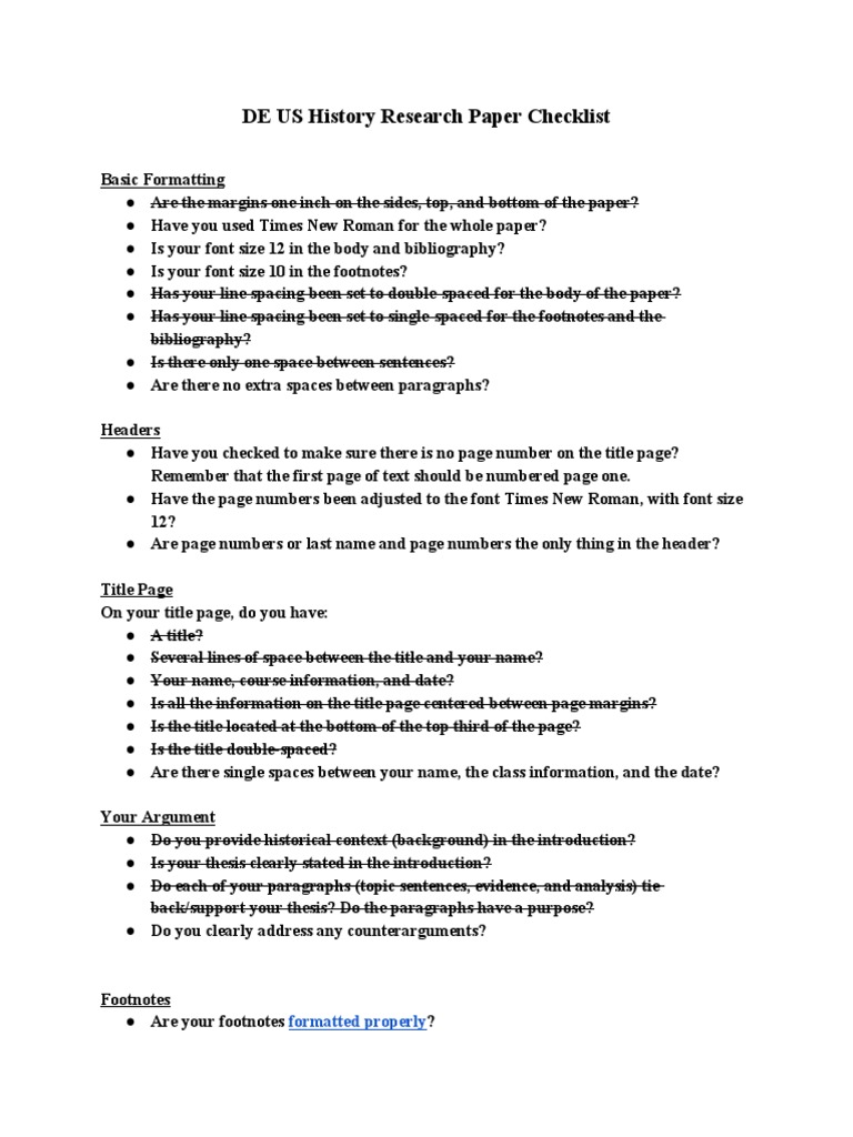 DE US History Research Paper Checklist | PDF | Paragraph | Text