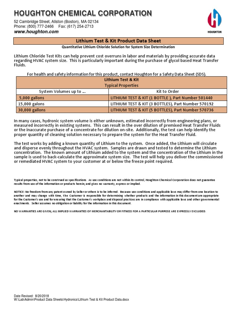 Lithium Test & Kit Product Data | PDF | Lithium | Physical Sciences