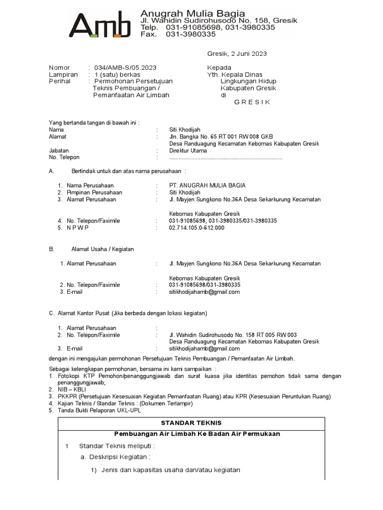 Form Permohonan Pertek Air Limbah - Pembuangan Ke Badan Air Permukaan | PDF