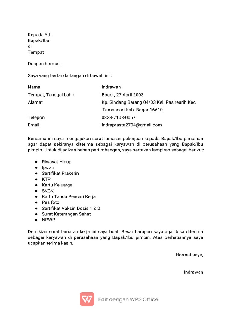 Surat Lamaran, CV Dan Berkas Pendukung Indrawan | PDF Surat Lamaran, CV Dan Berkas Pendukung Indrawan | PDF