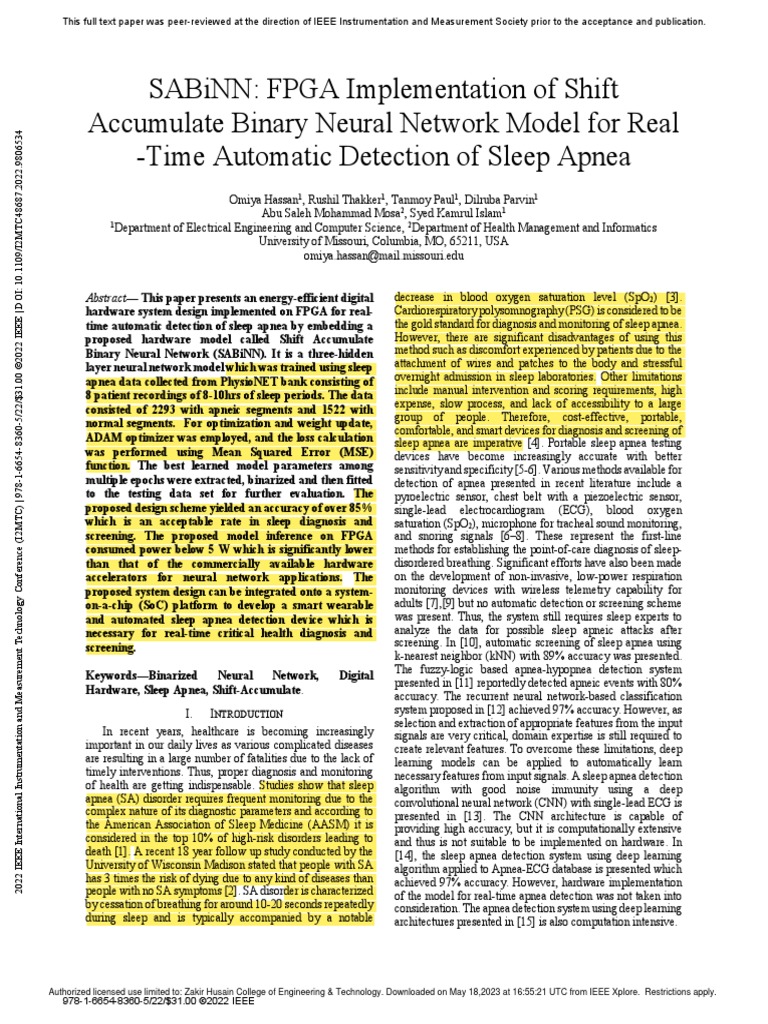 FPGA-Based Sleep Apnea Detection | PDF | Apnea | Artificial Neural Network