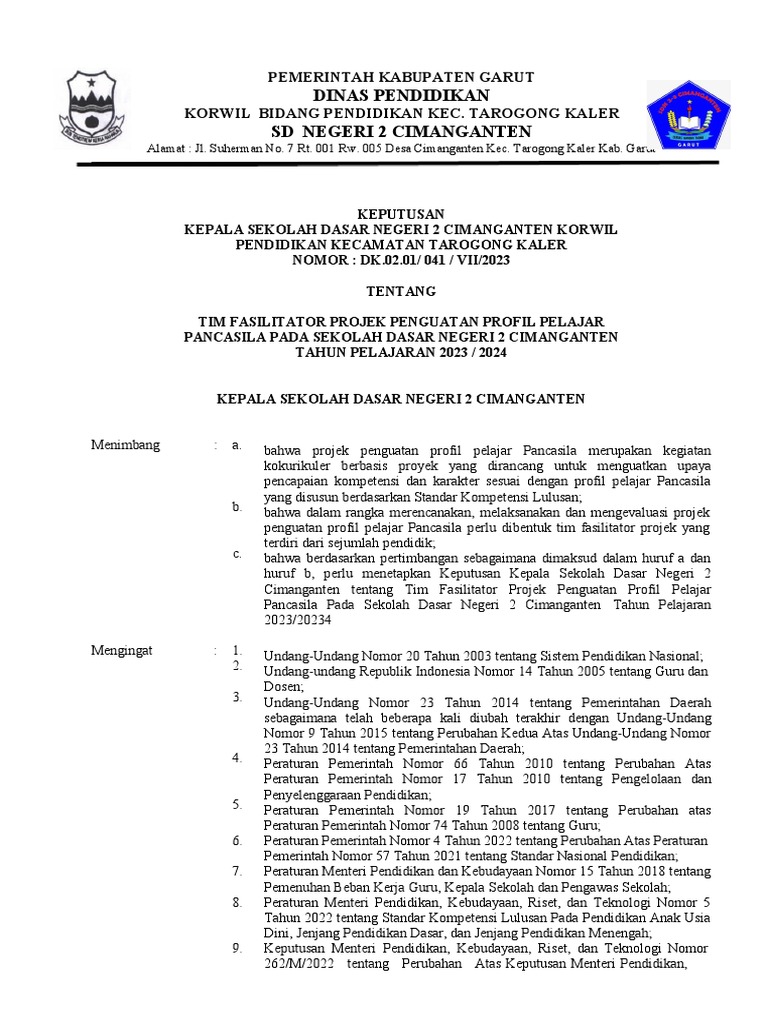 SK Tim Fasilitator Projek Penguatan Profil Pelajar Pancasila (1) (1) | PDF