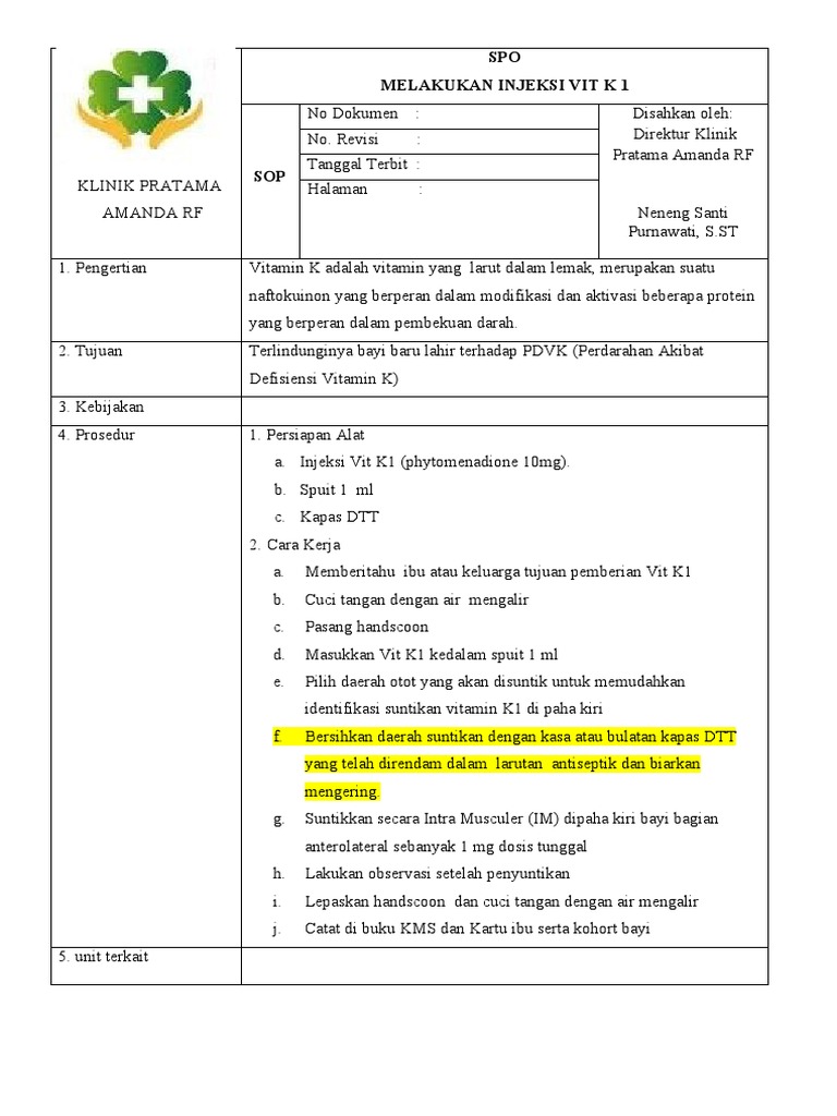 Sop Injeksi Vit K1 | PDF