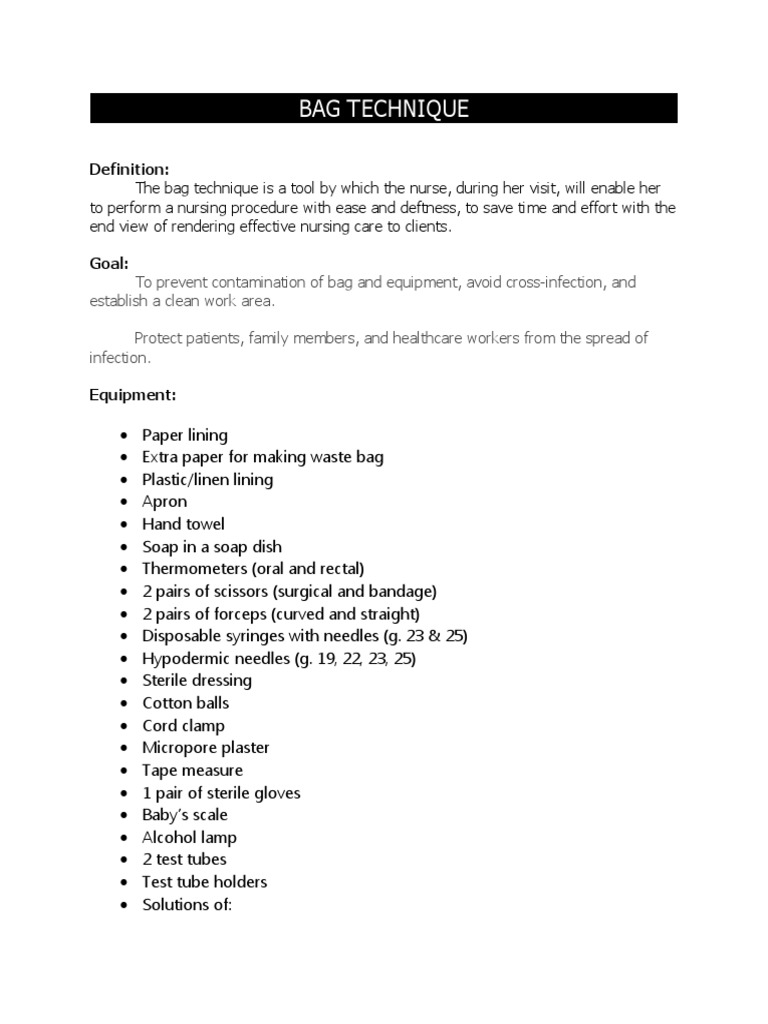 Bag Technique for Nursing Procedures | PDF | Hand Washing | Medicine