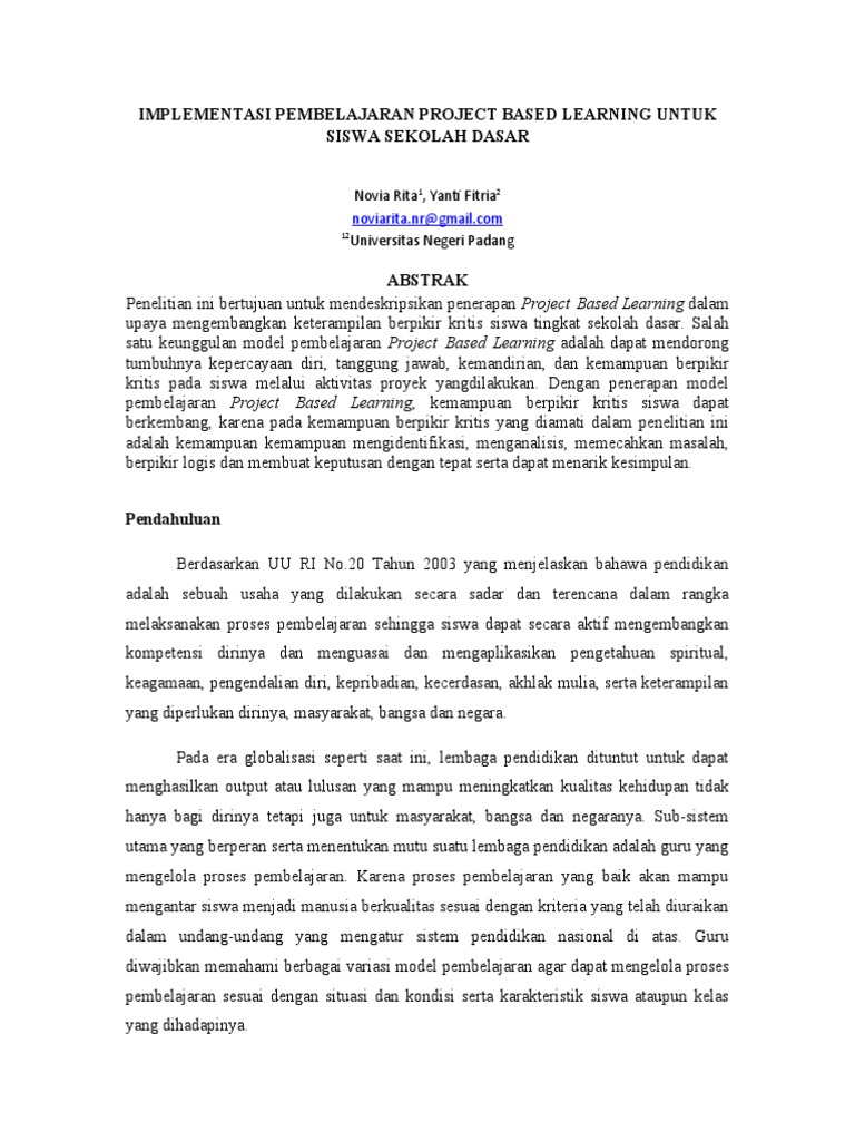 IMPLEMENTASI PEMBELAJARAN PROJECT BASED LEARNING UNTUK SISWA SEKOLAH ...