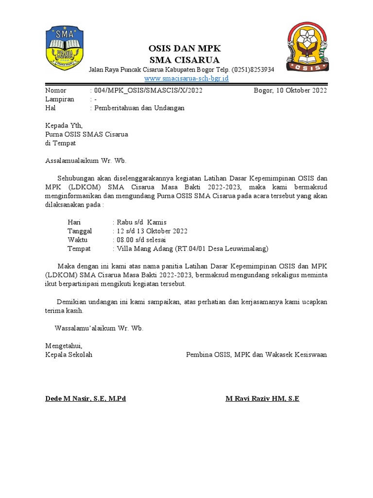 Surat Undangan Resmi LDKOM (Purna OSIS & MPK) | PDF