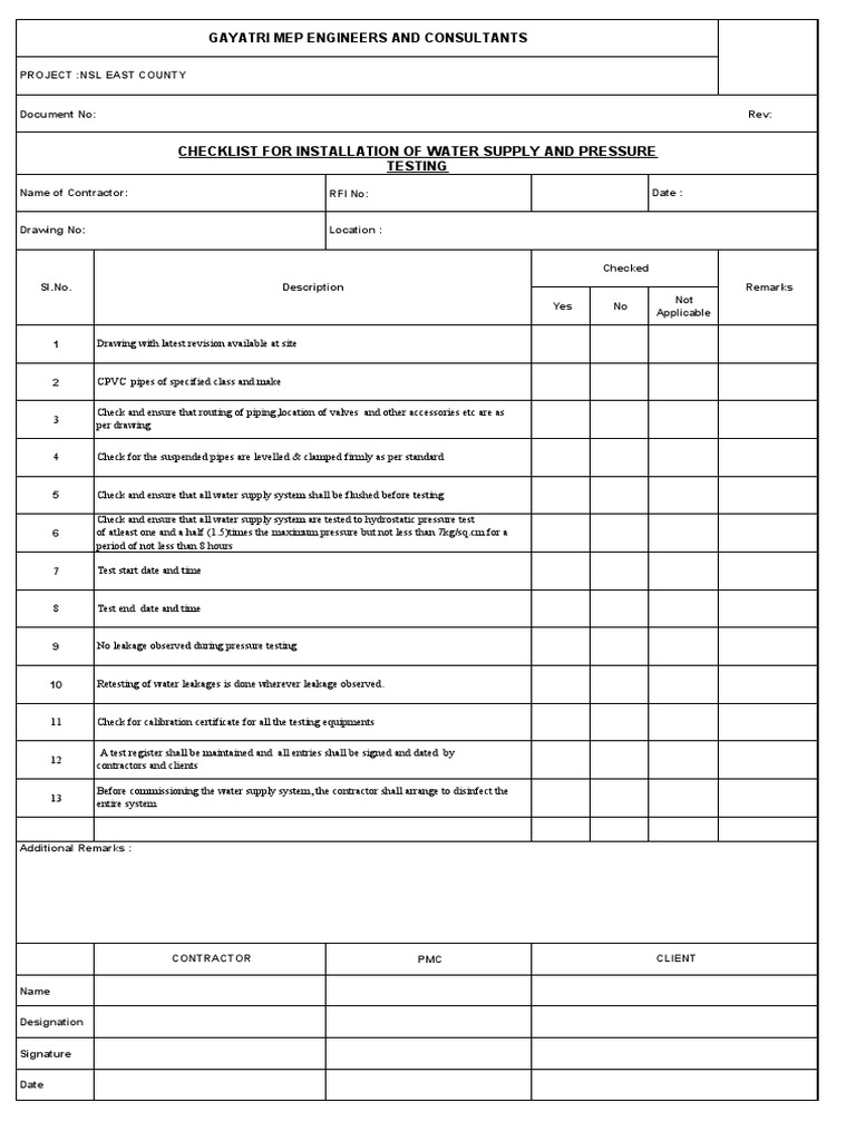 CPVC Pipe Pressure Testing Checklist | PDF