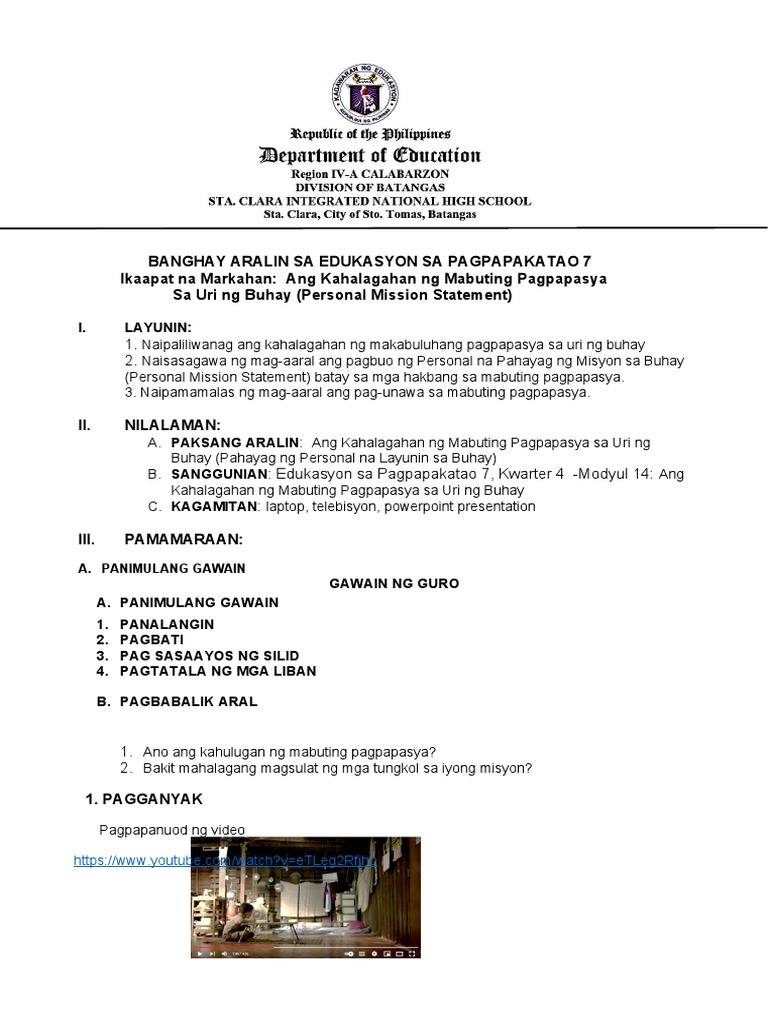 ESP BANGHAY ARALIN SA Aralin 14 Ang Kahalagahan NG MAbuting Pagpapasya ...