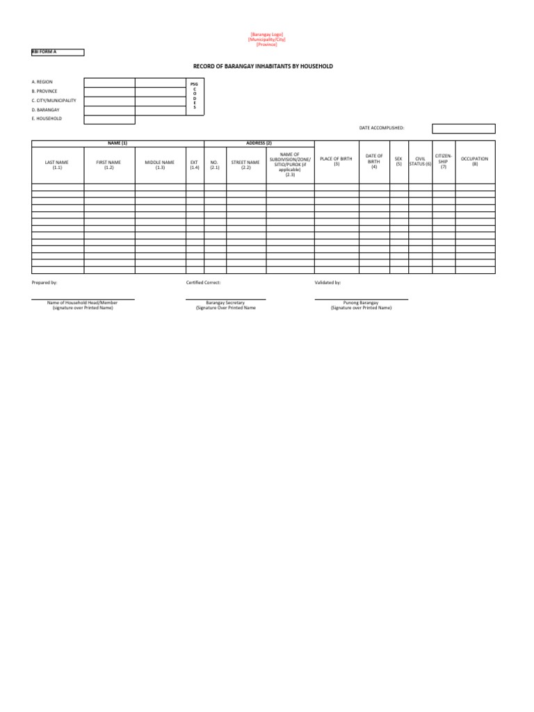 RECORD OF BARANGAY INHABITANTS BY HOUSEHOLD (RBI FORM A) Format | PDF
