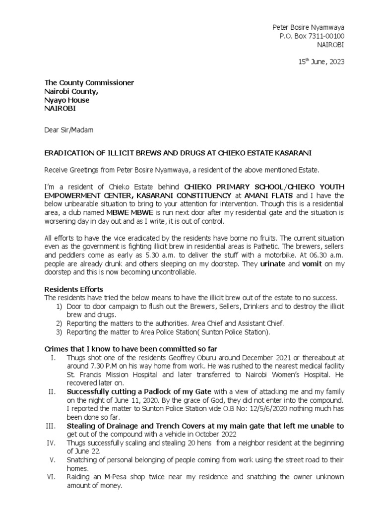 Complaint on Illicit Brews in Kasarani | PDF | Politics | Law