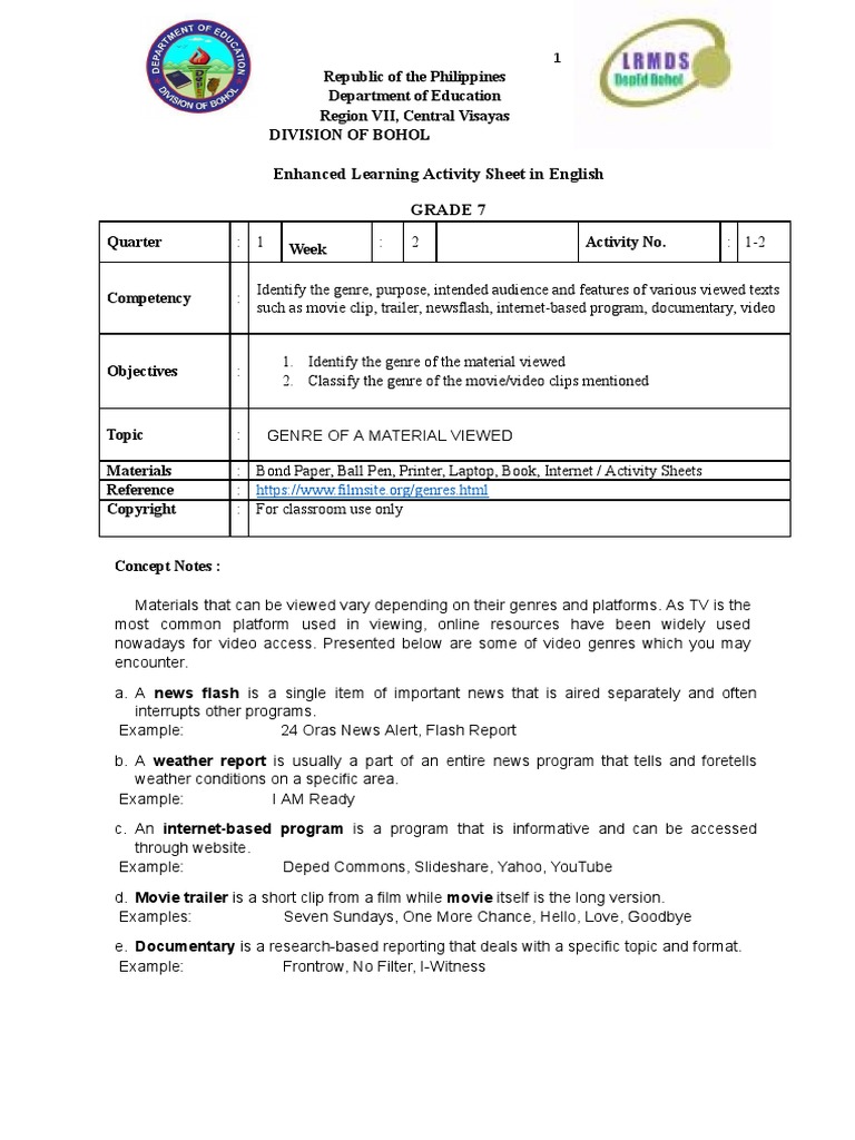 ENHANCED ENGLISH7 - Q1 - LAS - Wk2 | PDF | Action Films | Horror Films ENHANCED ENGLISH7 - Q1 - LAS - Wk2 | PDF | Action Films | Horror Films