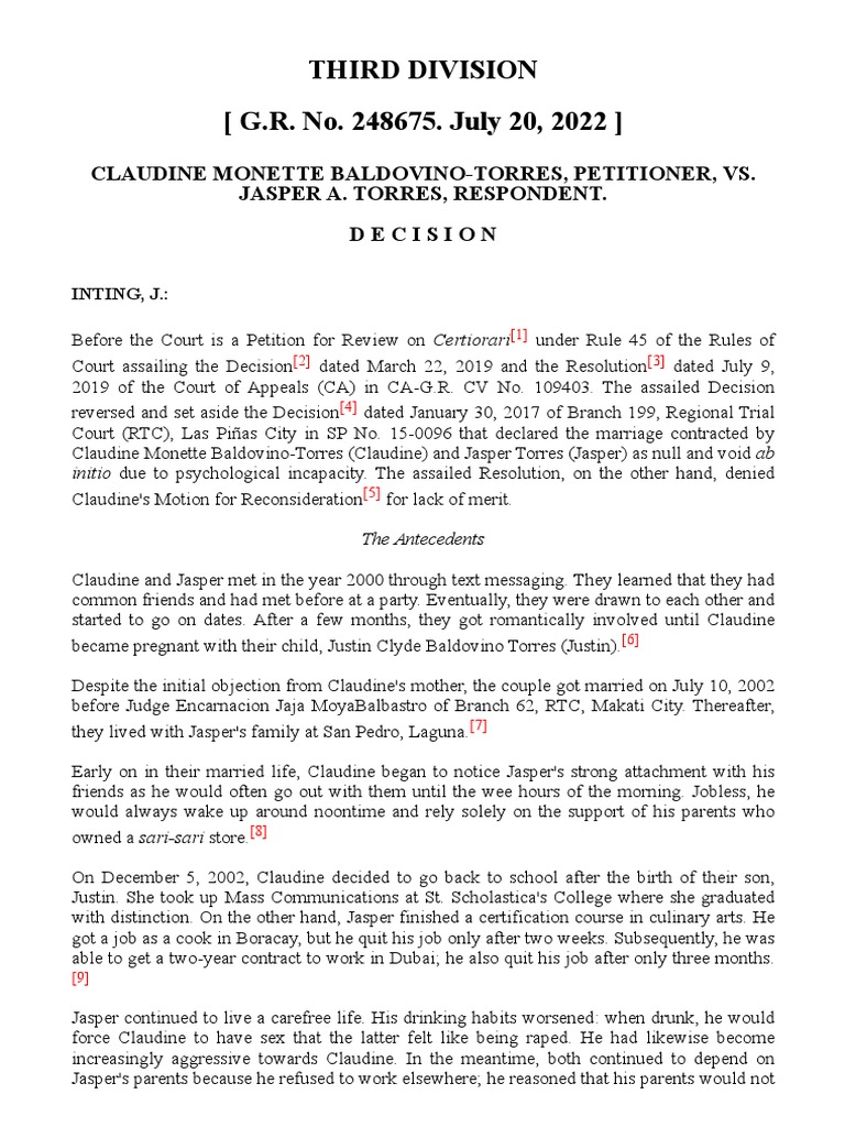 Claudine Torres vs. Jasper Torres Case Review | PDF | Annulment ...