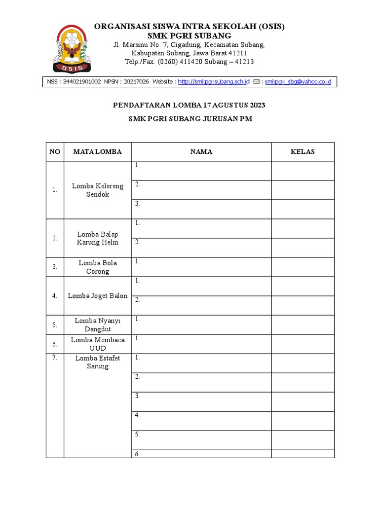 Format Pendaftaran Lomba | PDF