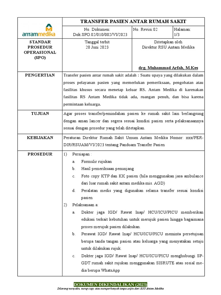 002 - Spo Transfer Pasien Antar Rumah Sakit | PDF