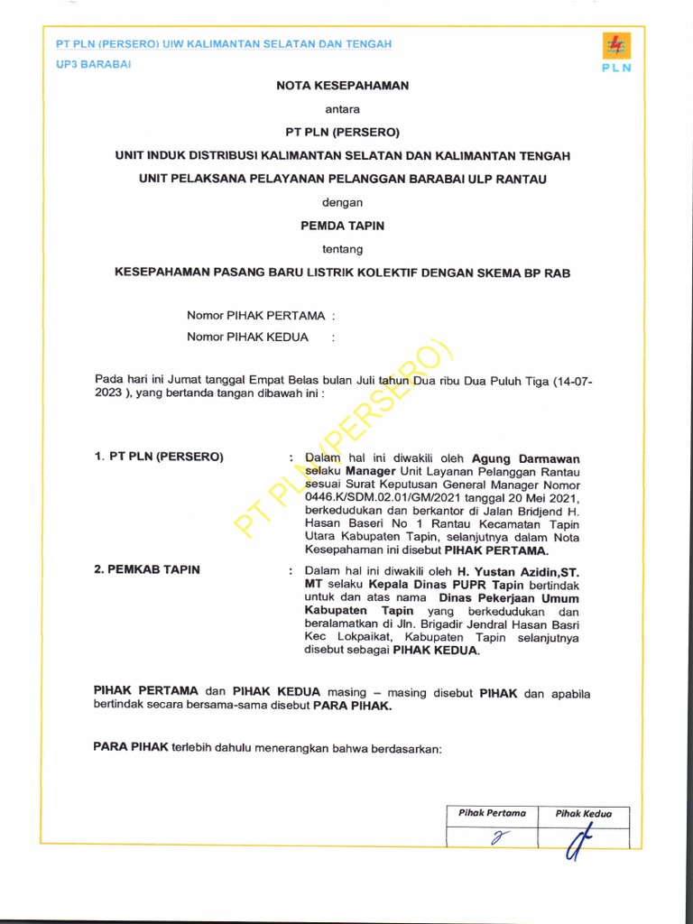 Nota Kesepahaman PLN | PDF