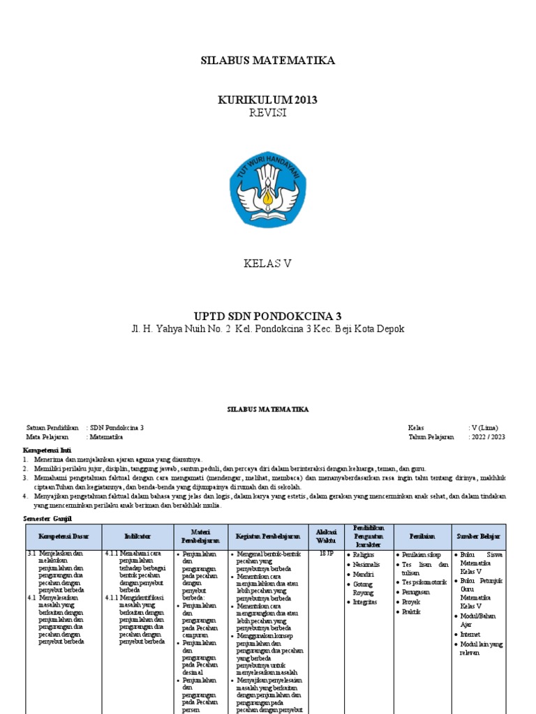 Silabus MTK Kelas 5 TP 2022-2023 | PDF