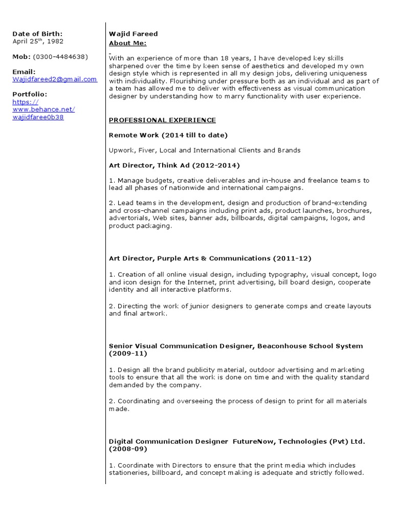 Wajid Fareed CV | PDF | Advertising | Page Layout