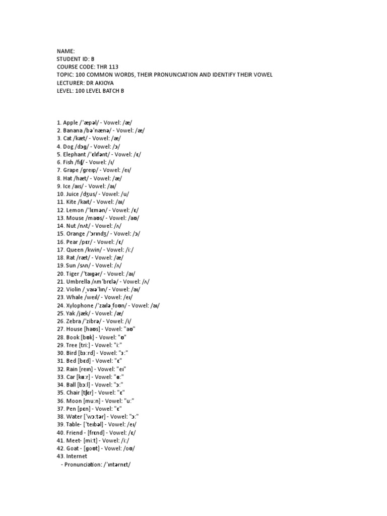 100 Common Words, Their Pronunciation and Vowels | PDF | Phonetics