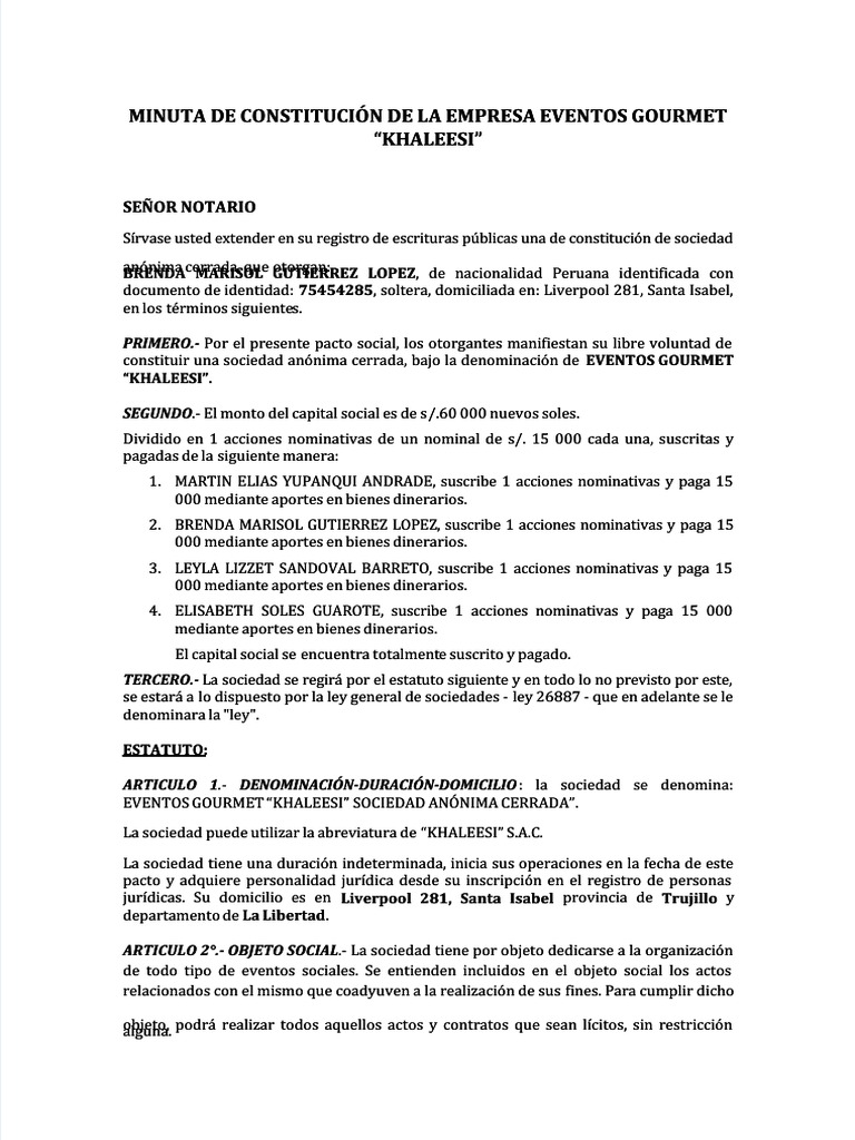 PDF Minuta de Constitucion de La Empresa Eventos Gourmet - Compress | PDF | Sociedad de ...
