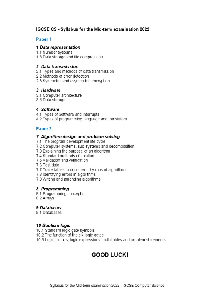 IGCSE CS Syllabus Mid Term 2022 | PDF