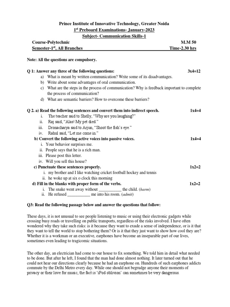 CS-1ST Polytechnic Question Paper Preboard (Jan 2023) | PDF | Communication