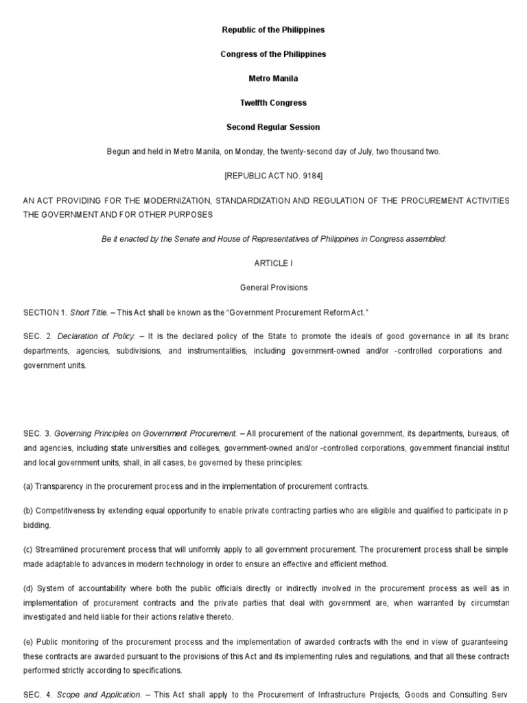 Republic Act No. 9184 - Official Gazette of The Republic of The Philippines | PDF | Procurement ...