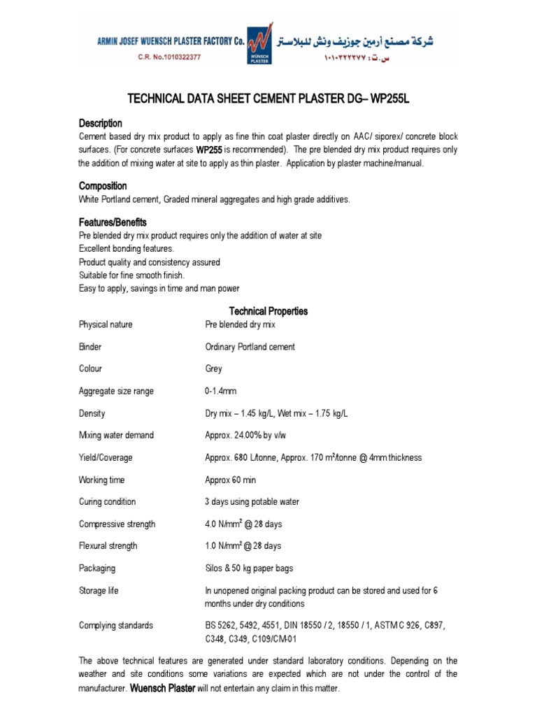 Technical Data Sheet Cement Plaster DG - Wp255L: Description | PDF | Plaster | Concrete