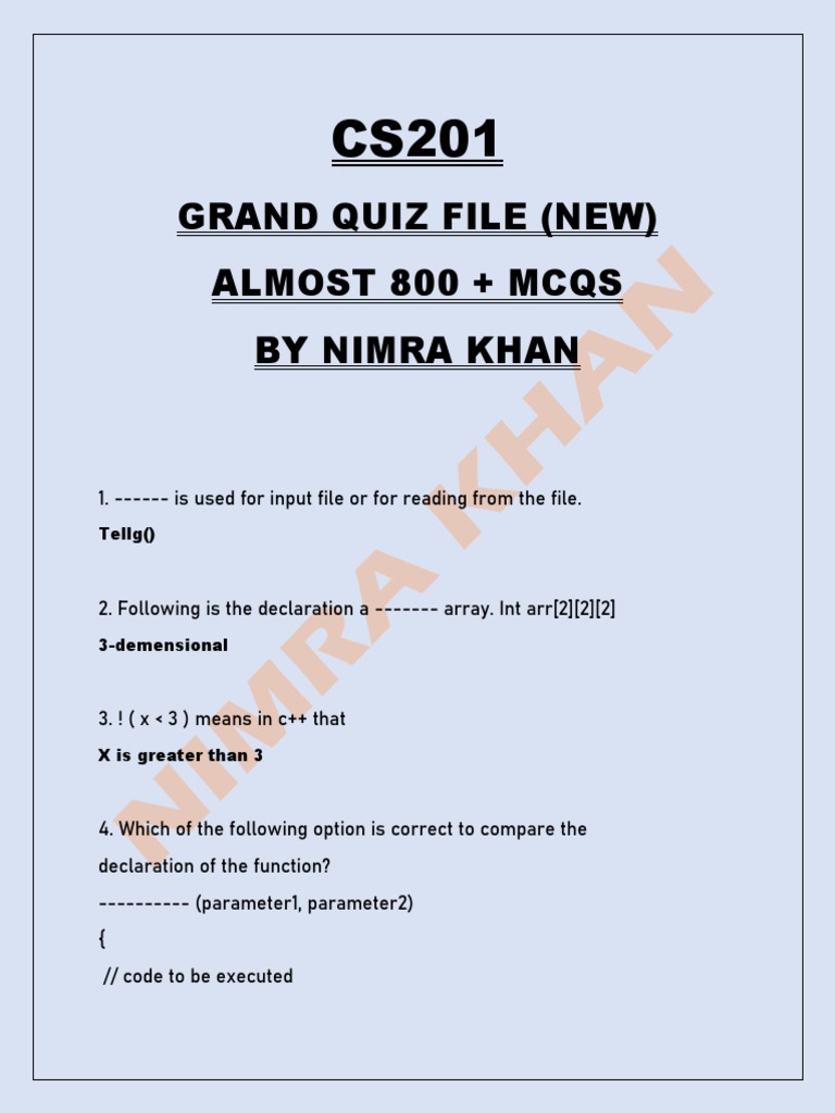 CS201 Grand Quiz File (New) by Nimra Khan | PDF | Pointer (Computer Programming) | C ...