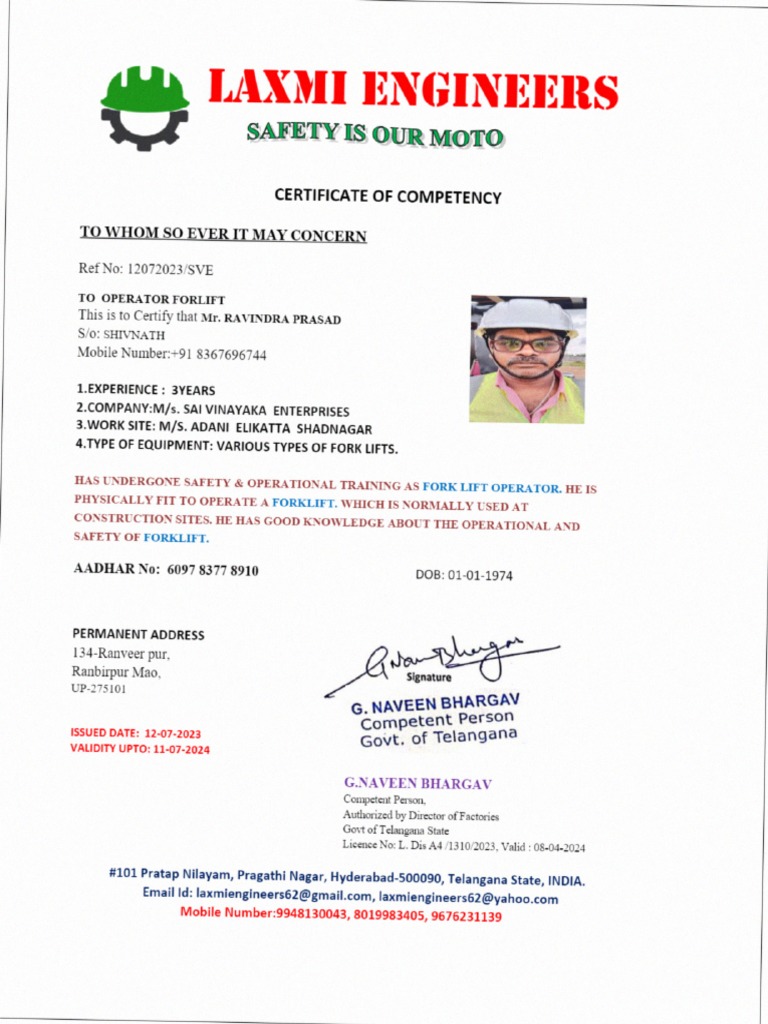 Forklift Operator Ravindra Prasad Sai Vinayaka-Scan-01 | PDF