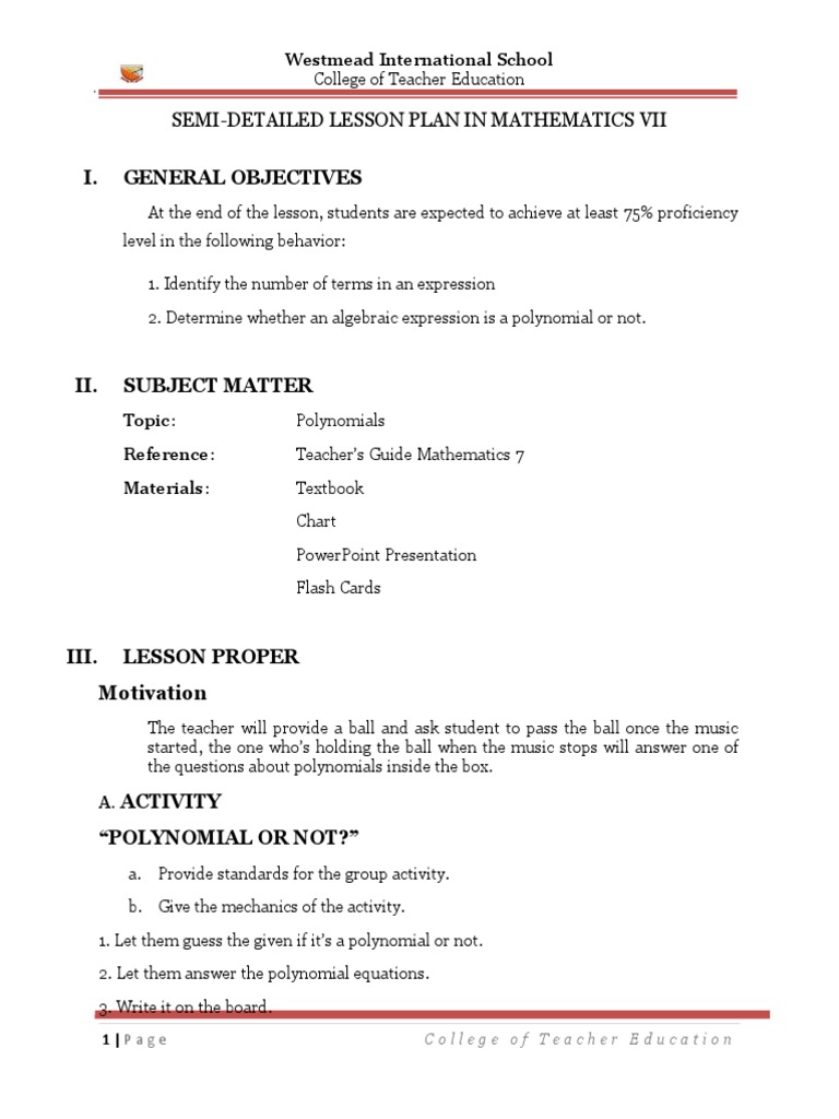 Semi-Detailed Lesson Plan in Mathematics 7 | PDF | Polynomial | Mathematics