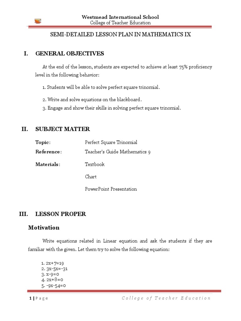 Semi-Detailed Lesson Plan in Mathematics 9 | PDF